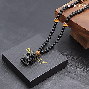 Obsidian Skull Necklace for Mens, Triple Protection Crystal Necklace with Genuine Obsidian Tiger Eye and Black Onyx Stone, Natural Mens Beads Necklace to Bring Luck, Prosperity and Happiness