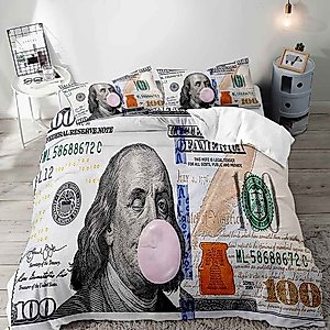 VIVIHOME 3PCS Luxury Funny Money Duvet Cover Full, Cute Benjamin Franklin Wink Pink Bubble Gum One Hundred Dollar Bill Cash 100 Dollar Bill Comforter Bedspread Quilt Cover, Gag Gifts, 2 Pillow Shams