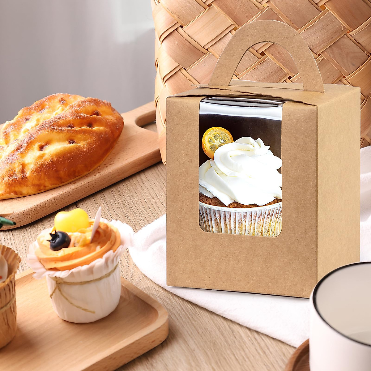 VGOODALL Kraft Cupcake Boxes,50pcs Single Cupcake Carrier with Window Insert and Handle Kraft Pastry Containers Muffins Cupcake Carriers for Bakery Wrapping Party Favor Packing