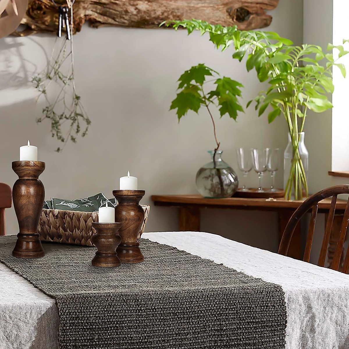 Descent Art Designs Rounded Turned Colums Candle Stands Sustainable Wooden for Taper Candles, Country Style, Idle for Farmhouse Living Room Wedding Party Home décor - 8,6,4 Inch Set of 3 - Burnt