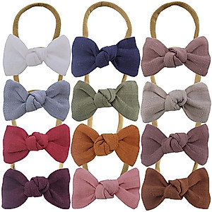 Mini Petite Knot Linen Bow with Nylon Headbands Toddler Baby Newborn Headband Elastic Bands Infant Baby Girls Kids Small Hair Bow Headbands Hairbands