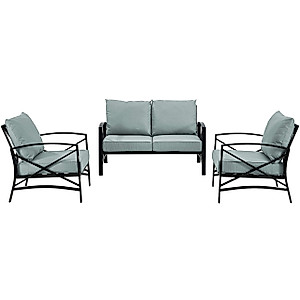 Crosley Furniture Kaplan 3-Piece Outdoor Loveseat Patio Furniture Set, Conversation Sets for Porch, Deck, White with Navy Cushions