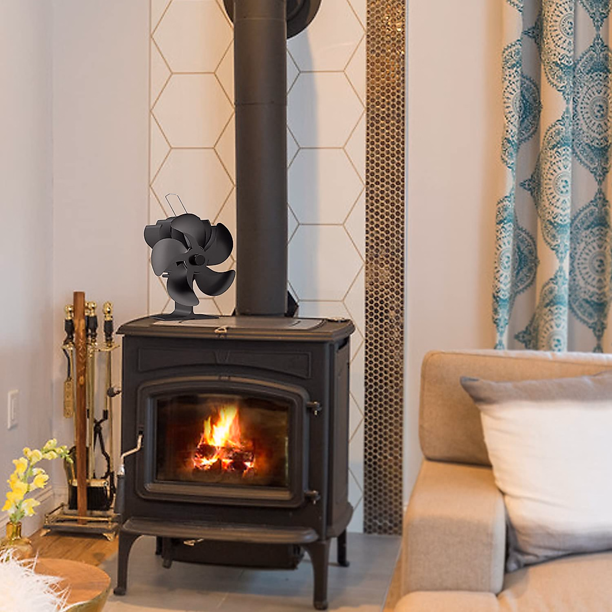 SIMPFUN 5-Blade Fireplace Fans, Fast Start Heat Powered Stove Fan for Wood, Ultra Quiet Circulating Warm Air Saving Fuel Efficiently for Gas/Pellet/Wood/Log Stoves with Magnetic Thermometer