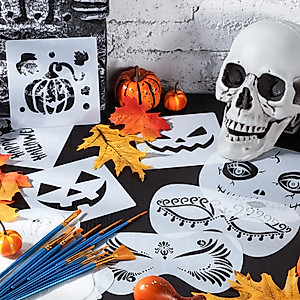 40 Pieces Halloween Face Stencils Kit 12 Pieces Reusable Large Face Paint Stencils Body Painting Template 18 Pieces Halloween Tattoo Stencils 10 Pieces Painting Brushes for Kid Adult Halloween Party