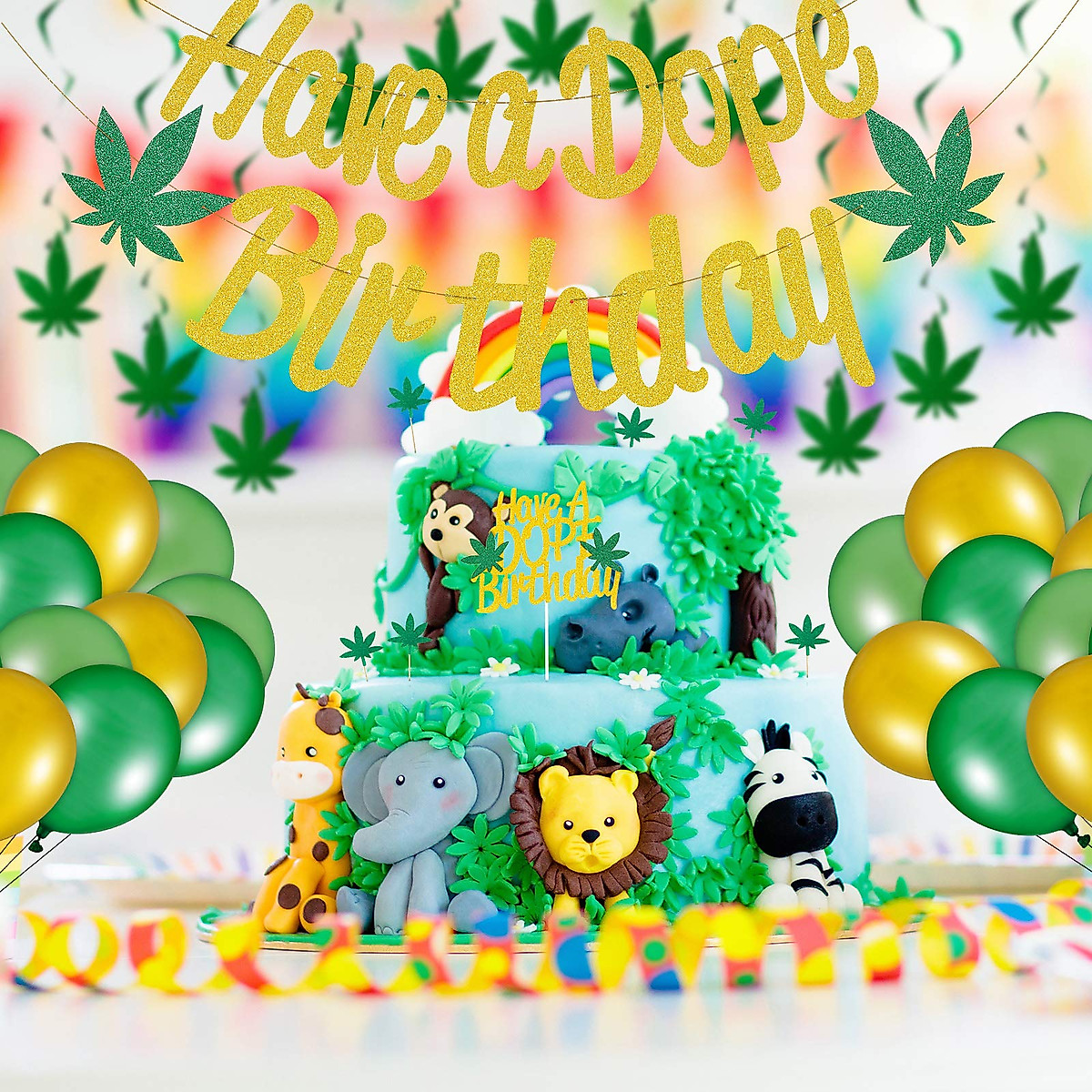 3 Pieces Pot Leaves Birthday Banners Weed Leaves Birthday Decorations, 13 Pieces Pot Leaf Cake Toppers, 12 Pieces Hanging Swirls and 24 Pieces Balloons for Baby Shower Birthday Party Decoration