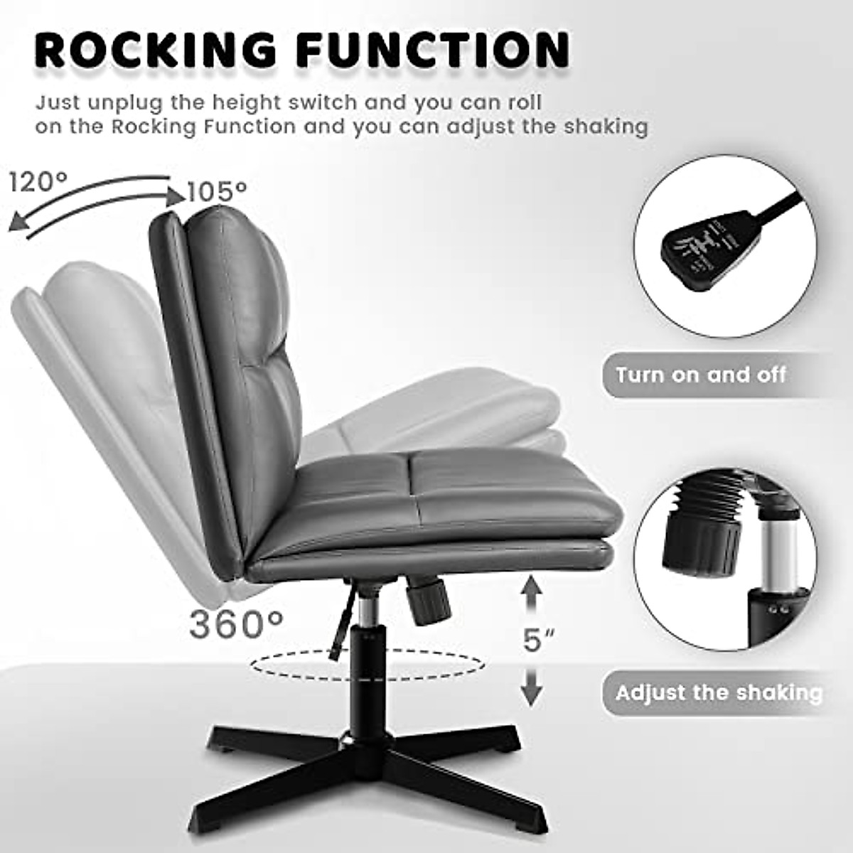 LEMBERI PU Leather armless Office Desk Chair no Wheels,Criss Cross Legged Home Office Chair, Wide Padded Swivel Vanity Chair,120°Rocking Mid Back Ergonomic Computer Task Chair for Make Up,Small Space