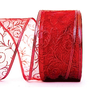 Christmas Ribbon for Gift Wrapping Ribbons Wired 1.5 Inch Set of Ribbon Wire Red Green Silver/White Sheer Organza Glitter Gift Wrap Xmas Tree Decoration Holiday Craft Gifts 30 Yards / 10 Yard Ea. Roll