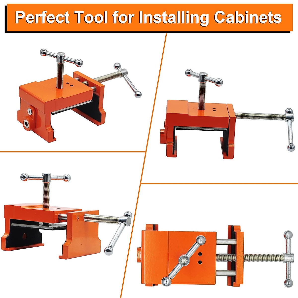 Cabinet Clamps, Cabinet Installation Clamps, Face Frame Clamps for Installing Cabinets, Cabinetry Clamps with Two Adjustable Side Screws and Alignment Plate, 2-Pack, Orange