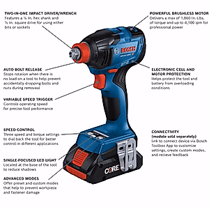 BOSCH GDX18V-1860CB25 18V Connected-Ready Two-In-One 1/4 In. and 1/2 In. Bit/Socket Impact Driver/Wrench Kit with (2) CORE18V® 4 Ah Advanced Power Batteries and (1) Connectivity Module