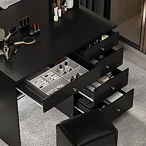 FUFU&GAGA Large Vanity Table Set Makeup Vanity Dressing Table with Mirror, 5 Drawers & Shelves, Dresser Desk and Cushioned Stool Set Black