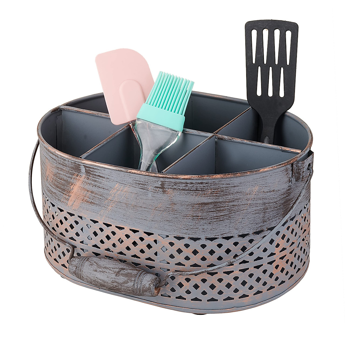 Utensil Caddy Carry – Metal All Serveware - Galvanized Metal Organizer for Kitchen Counter - Comfortable Wooden Handle /Indoor/Outdoor Storage For Flatware, Condiments, Party Cutlery, Arts - Rustic Grey Cooper