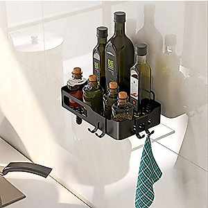 Shower Caddy Stainless Steel Wall-Mounted Storage Rack, with 6 Hooks. Perforation Free, Adhere in Kitchen or Bathroom. Simple Installation, Convenient Use, and Large Capacity.