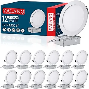 YALANO 12 Pack Ultra-Thin Recessed Lighting LED 6 Inch, Ceiling Light with Junction Box, 4000K Cool White, 12W (110W Equivalent), 5-100% Dimmable Recessed Lights Fixtures,1100LM High Brightness - ETL