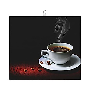 Hot Coffee with Coffee Bean Printed Drying Mat For Kitchen Ultra Absorbent Microfiber Dishes Drainer Mats Non-Slip Silicone Quick Dry Pad - 18 X 16inch