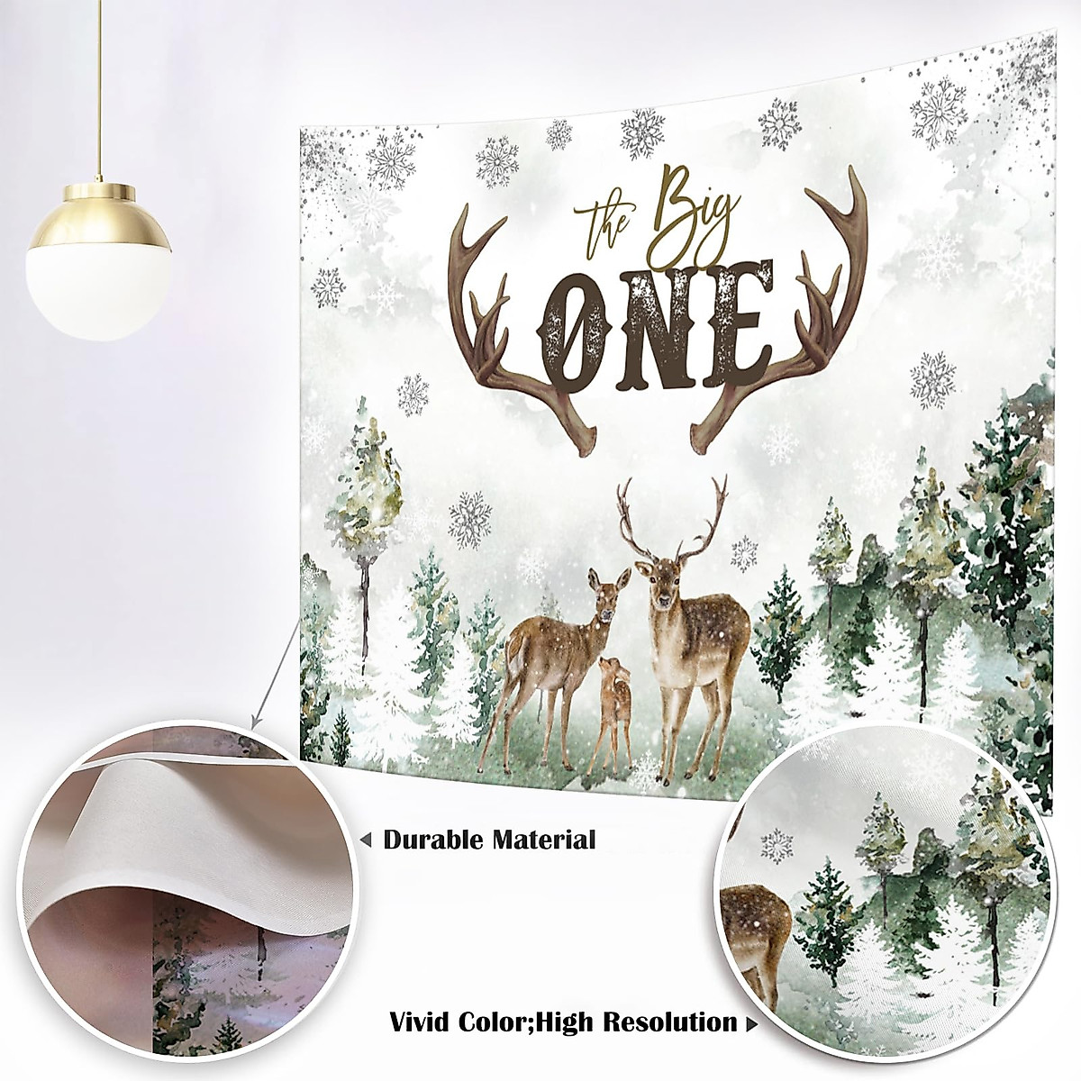 Mocsicka Deer 1st Birthday Backdrop Advenrture Winter Forest Deer Party Decoration The Big One Deer Antlers Rustic 1st Birthday Banner Bakground (Green, 7x5ft(82x60 inch))
