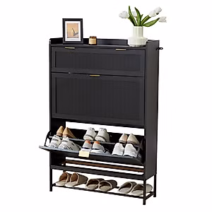affeivul Hidden Shoe Cabinet for Entryway Slim, Free Standing Narrow Shoe Rack Cabinet Rattan Carving, 2 Flip Drawer Shoe Storage Organizer Cabinet for Closet,Door,Dorm,Garage,Small Spaces - Black