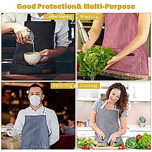 Handepo 4 Pieces Cooking Kitchen Aprons Unisex Soft Chef Kitchen Aprons with Pockets Cotton Polyester Blend Adjustable Bib Aprons for Women Men, Crafting Bbq, Black, Blue, Pink, Grey Stripes