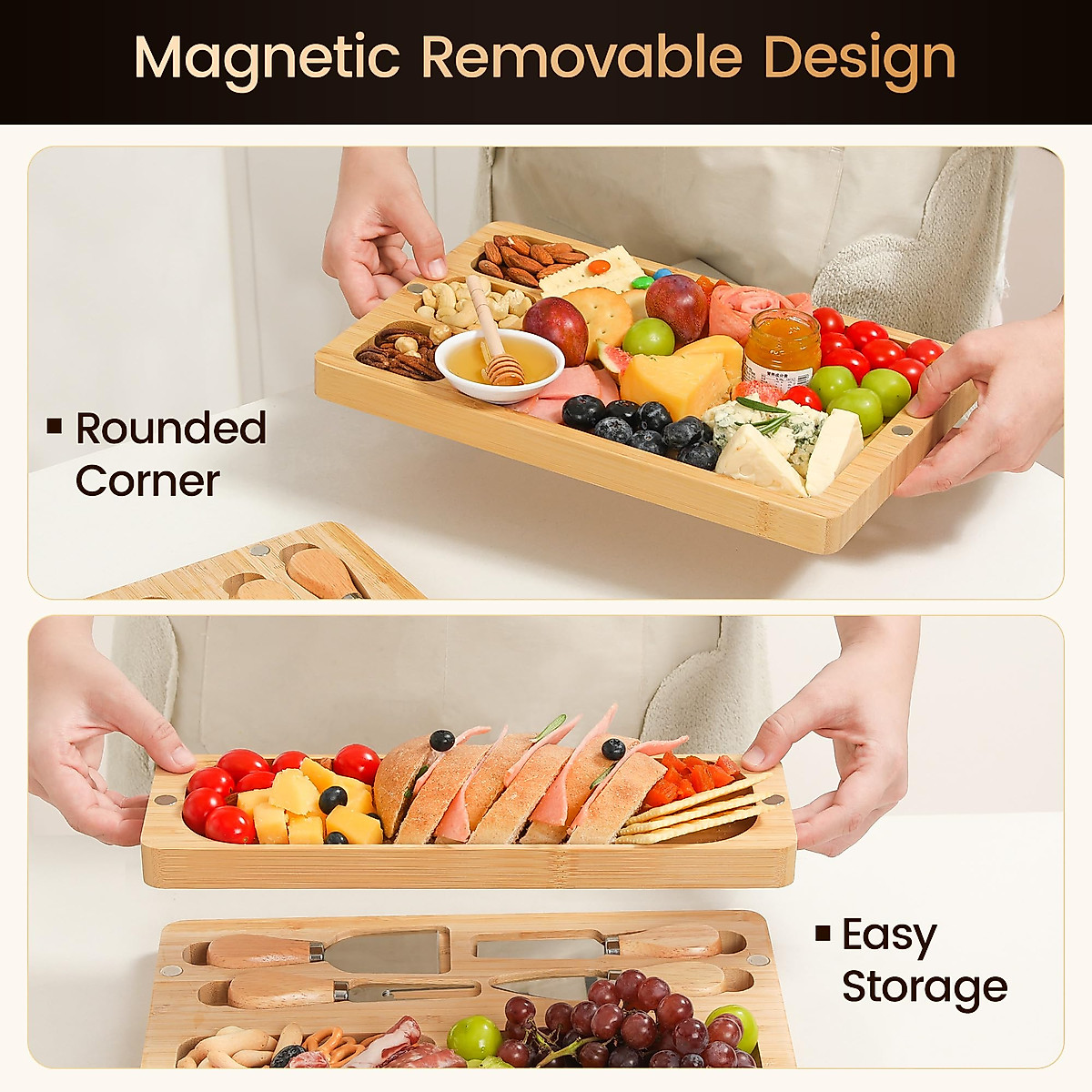 Chezerra Charcuterie Boards Gift Set 25.2"×12.6", Large Cheese Board with Knife Set - Unique White Elephant Gift, House Warming Gift, Wedding Gift, 3 in 1 Bamboo Cheeseboard for Party