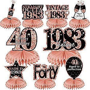 9Pcs 40th Birthday Decorations Honeycomb Centerpieces for Women, Rose Gold Pink Happy 40 Birthday Table Toppers Party Supplies, Vintage 1983 Aged to Perfection Birthday Table Sign Decor