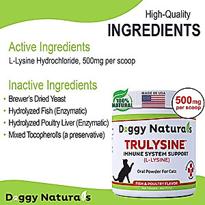 Trulysine L-Lysine for Cats Immune Support Oral Powder 4oz/100g - Cats & Kittens of All Age, Sneezing, Runny Nose Squinting, Watery Eyes - Fish & Poultry Flavor (U.S.A)(100 Grams ( 500mg / Scoop))