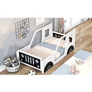 Twin Size Kids Bed, Classic Car-Shaped Platform Bed with Wheels, Wood Twin Montessori Floor Bed for Kids Boy Girls, Lightning McQueen Bed (White+Black)