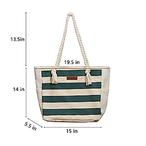 Malirona Large Beach Travel Tote Bag Canvas Shoulder Bag with Cotton Rope Handle (Green Stripes)