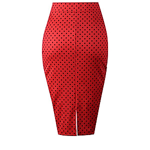 Topdress Women's Bodycon Pencil Skirts Basic Elastic High Waisted Stretch Short Skirt Knee Lenght with Slit Midi Red Black Dot Small