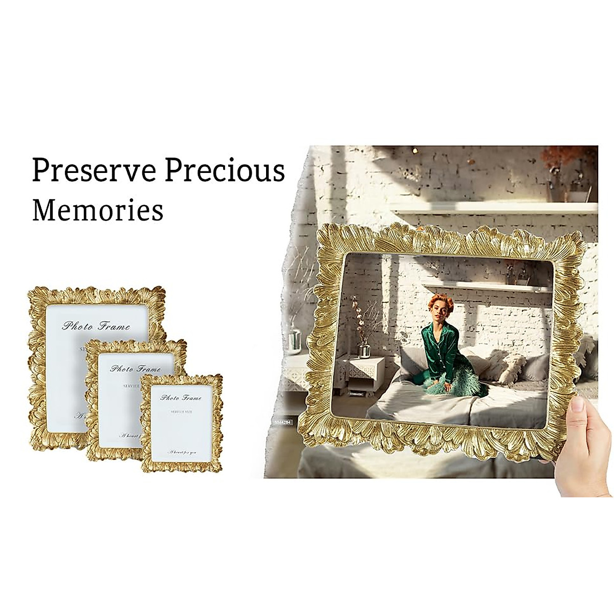 MOMLKFDAY Gold 8x10 Picture Frames Vintage Photo Frame Rose Gold Flower Leaf with Glass Front Antique Picture Frame for Tabletop Wall Hanging (Gold Leaf-8x10)