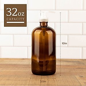 kitchentoolz 32 Ounce Large Glass Pump Bottles - Refillable Bottles for Laundry Detergent, Lotion, Soap, Shampoo, Oils. Amber Bottles with Natural Color Pumps - Pack of 4