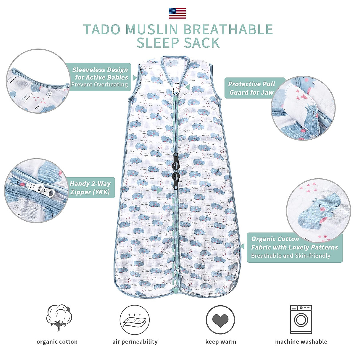 TADO MUSLIN Baby Sleep Sack 2-4 T Boys & Girls Wearable Blanket 100% Organic Cotton 0.5 TOG Toddler Sleeping Sack 2- Way Zipper X-Large