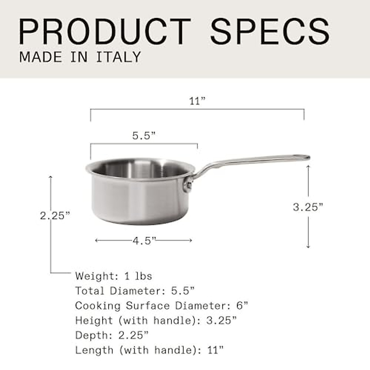 Made In Cookware - 3/4 Quart Stainless Steel Butter Warmer - 5 Ply Stainless Clad - Professional Cookware - Crafted in Italy - Induction Compatible