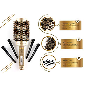Ndure Beauty Round Hair Brush for Blow Drying, Single Brush with 4 Hair Clips Included, Ceramic & Ionic Tech Hair Brush with Boar Bristles, Round Barrel Brush for Styling, Curling and Straightening