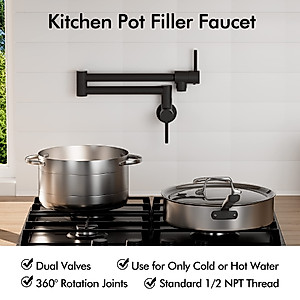 KES Pot Filler Folding Kitchen Faucet Brass Double Joint Swing Arm Sink Faucet Articulating Wall Mount Two Handle Single Hole, Matte Black, cUPC NSF Certified Lead-Free, KN926LF-BK