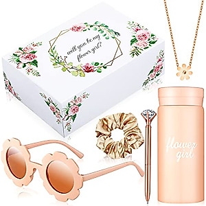 Hanaive 6 Pcs Flower Girl Gifts Flower Girl Proposal Box Set Necklace Round Flower Glasses Water Bottle Diamond Pen Hair Scrunchies Will You Be My Flower Girl Box for Wedding (Pink, Bright Style)