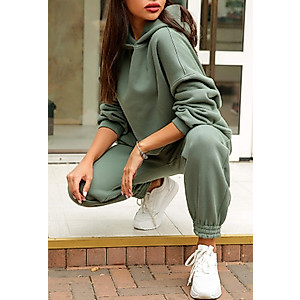 Linsery Sport Hoodie with Jogger Sweatpants Tracksuit Hooded 2 Piece Workout Set Sweatshirt Matching Jogging Suit Green L