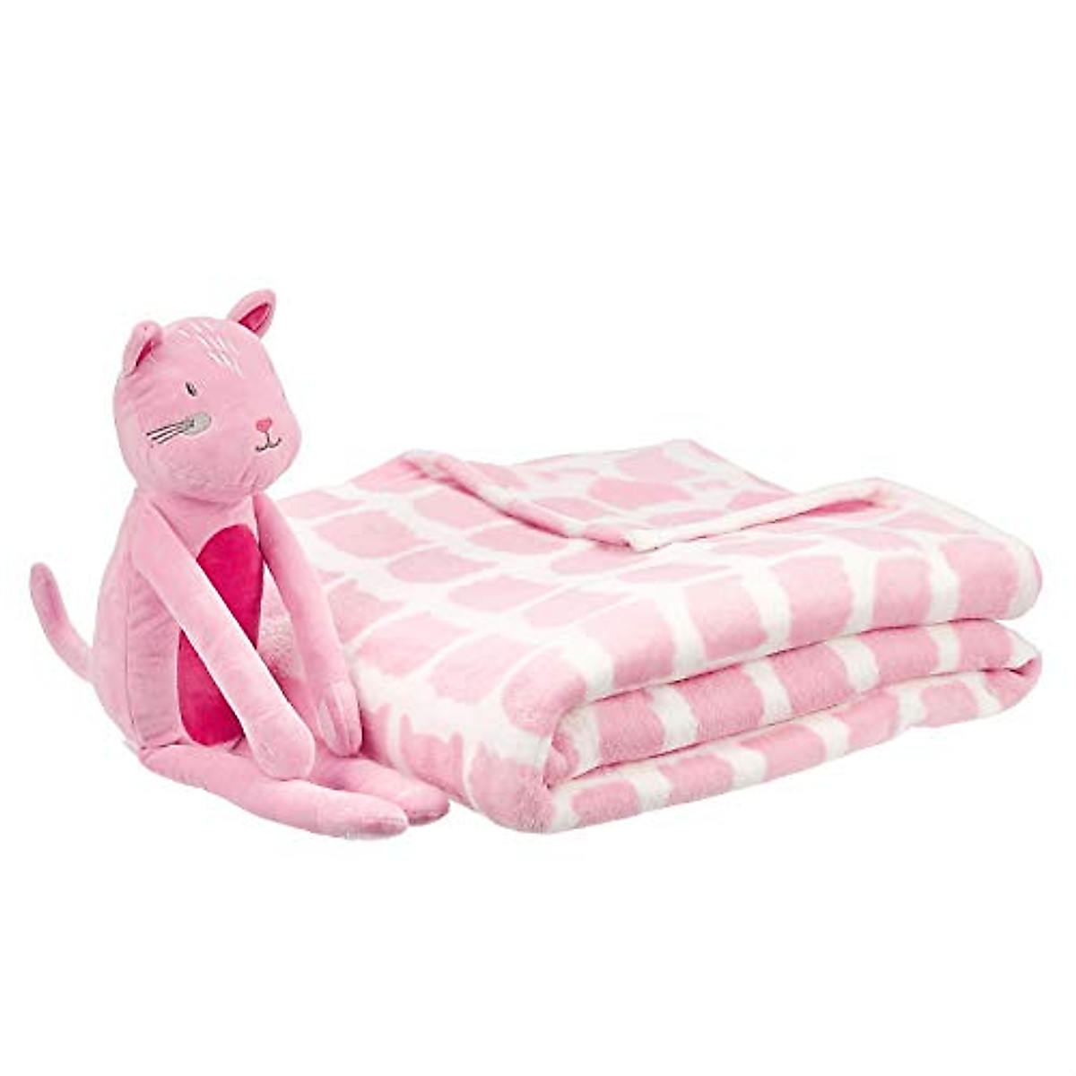 Amazon Basics Kids Pink Kitties Patterned Throw Blanket with Stuffed Animal Cat