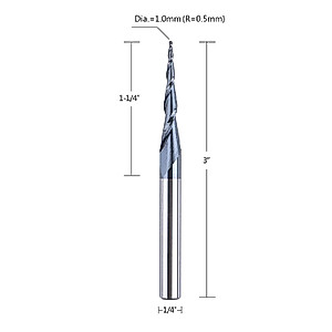 SpeTool Tapered Ball Nose Spiral Router Bit 1.0mm Tip Diameter ( 0.5mm Radius ) 4.82 Deg for CNC Milling Engraver Carving Bits