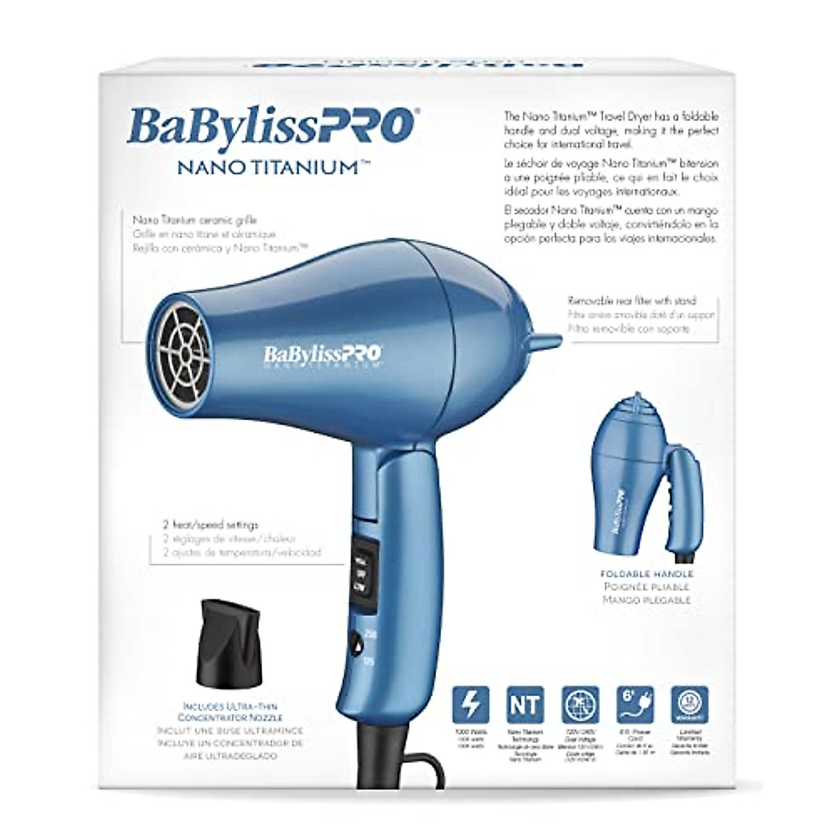BaBylissPRO Nano Titanium Travel Dryer, Blue