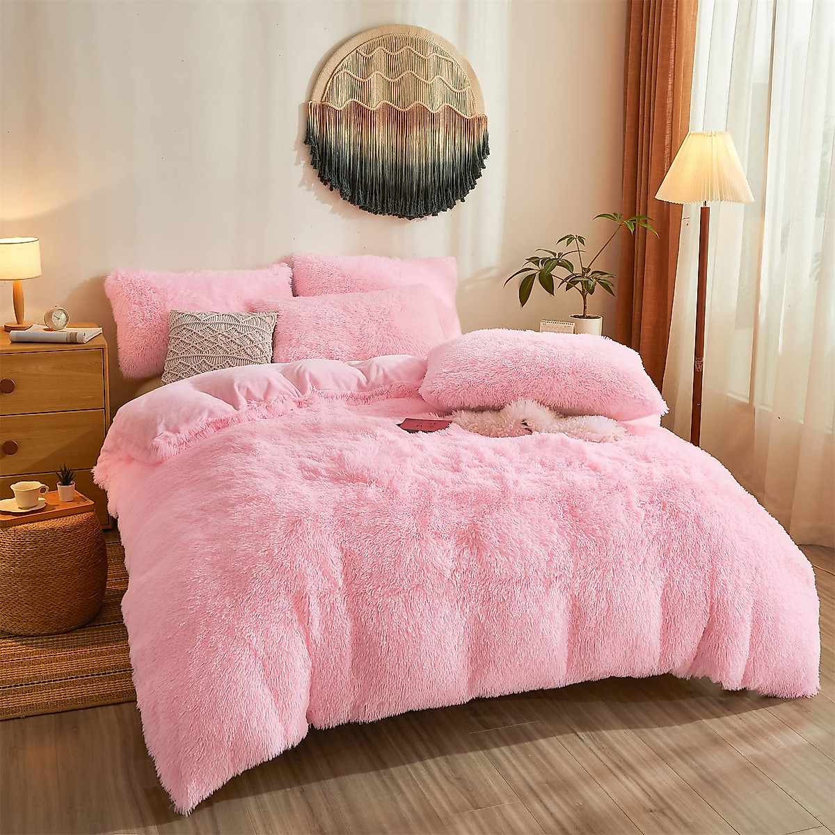 Pink Fluffy Comforter Cover, Ultra Soft Faux Fur Duvet Cover Bedding Sets 3 Pieces with Pillow Cases, Fluffy Bed Set Zipper Closure (Pink, Queen)