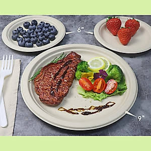 GreenWorks 100 Count 6“ Small Compostable Dessert Plates, Heavy-duty Unbleached Biodegradable Bagasse and Bamboo fiber Paper Plates