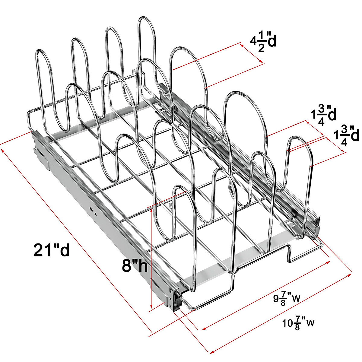 ROOMTEC Slide Out Pan and Pot Lid Organizer for Cabinet, Kitchen Pull Out Pot Lid Rack Pantry Cutting Board Bakeware Cookware Holder - 11in. W x 21in. D - Chrome