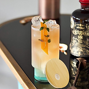 CAYOREPO 6 Pcs Set 16oz Ribbed Drinking Glasses with Bamboo Lids and Straws, Ribbed Glass Cups, Stackable Glasses, Vintage Water Glasses for Juice, Beer, Coffee, Tea and Cocktail (Clear (6Pcs))