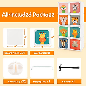 HONEY JOY Kids Wardrobe Closet, Baby Cartoon Clothes Storage Organizer, 8 Cubes & 2 Hanging Sections, Portable Children DIY Modular Bedroom Armoire Dresser Cabinet for Boys Girls (White)