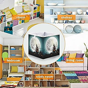 Halloween Castle Full Moon Storage Baskets for Shelves Foldable Collapsible Storage Box Bins with Cubes Toys Closet Organizers for Pantry Clothes Storage Toys, Books, Home, Office,16 x 11inch