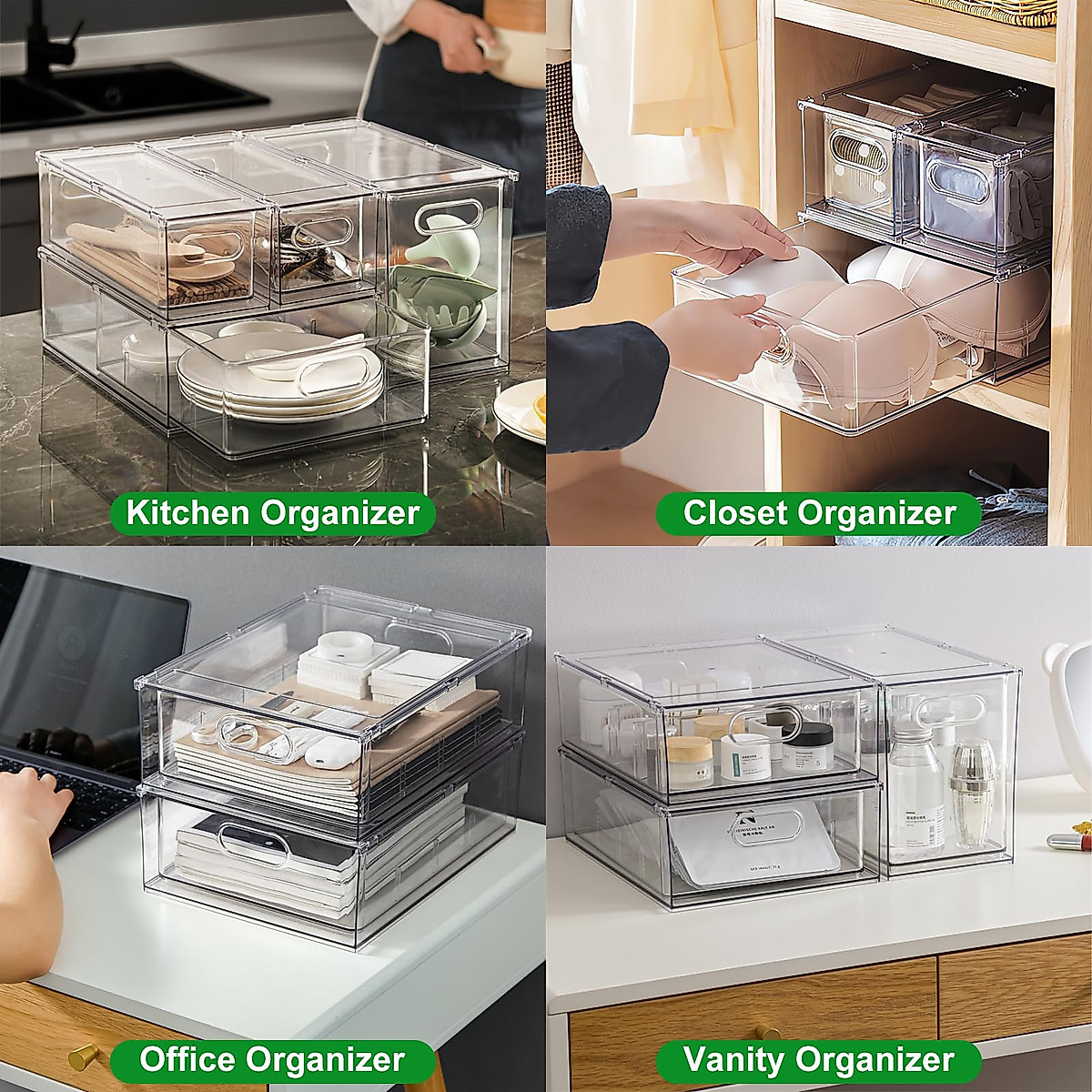 2 Pack Refrigerator Organizer Bins with Pull-out Drawer, Stackable Fridge Drawer Organizer Set with Handle, BPA-free Drawable Clear Storage Cases for Freezer, Cabinet, Kitchen, Pantry Organization