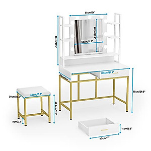 PAKASEPT Vanity Table with Lighted Mirror, Elegant Makeup Vanity Dressing Table with LED Lights and 2 Drawers & Cushioned Stool & Storage Shelves for Women Girls (White)