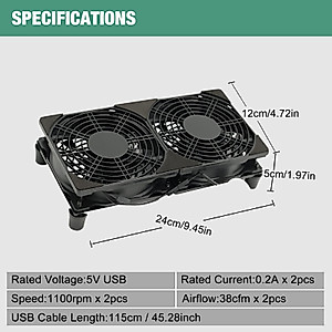 240mm 120mm x 2 5V USB Powered PC Computer Cooling Fan with AC Adapter for Router AV Cabinet Rack Server Modem TV Box DVR Amp and Entertainment Center