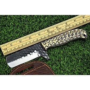 Carbon steel blade Bull cutter knife, 8.5 inches long knife with Leather sheath, Multi color Micarta scale Jigged with sturls, Embossed carbon steel blade, Embossed Leather sheath with belt loop (Black and Beige)