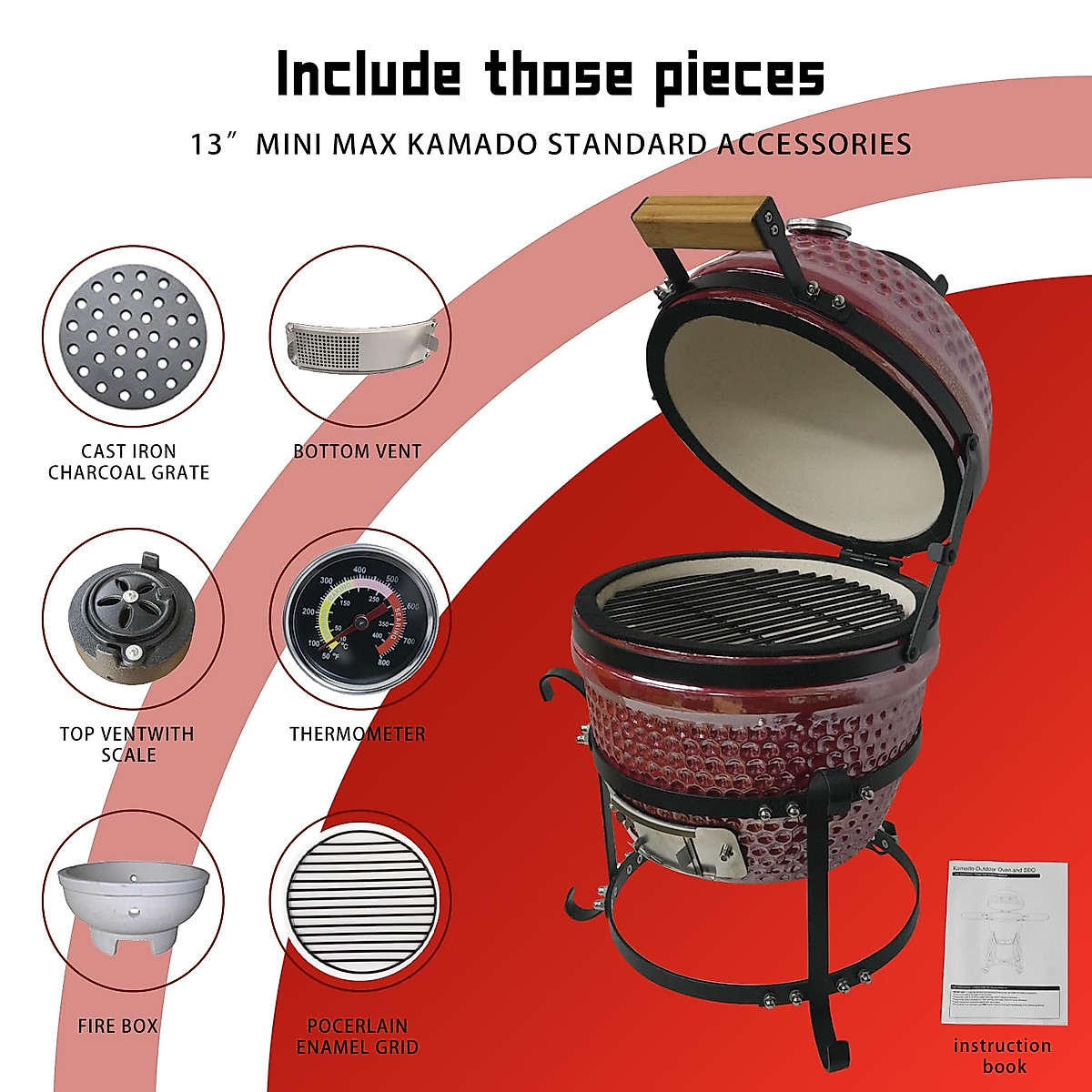 AUPLEX 13" Kamado Charcoal Grill, Ceramic BBQ Charcoal Grill, Mini Portable Clay Smoker Oven Barbecue Grill for Backyard, Balcony- Shiny Red