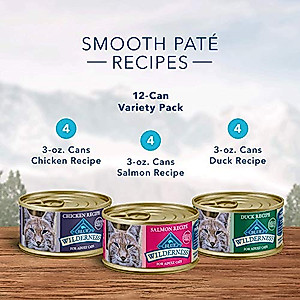 Blue Buffalo Wilderness High Protein, Natural Adult Pate Wet Cat Food Variety Pack, Chicken, Salmon, Duck 3-oz Cans (12 Count- 4 of Each Flavor)